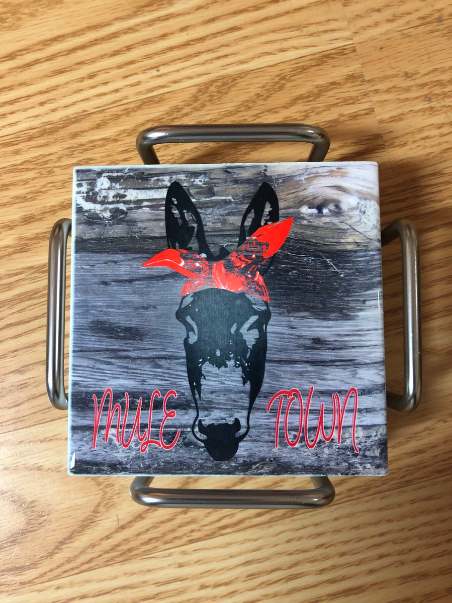 Mule Town 1 tile coaster with a mule that has a red bandana and the wo ...